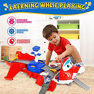 Super Wings Jett's Takeoff Tower 2-in-1 Airplane Toys Playset with 2" Jett Mini Figure Transform-a-Robots, Toys for Preschool Kids, Gifts for Boys and Girls Age 3+, Educational Learning Toys