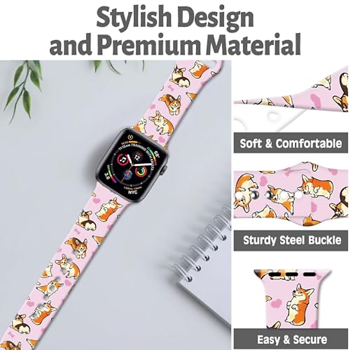 Cute Corgis Watch Bands Compatible with Apple Watch 38mm 40mm, Adjustable Kawaii Corgi Dogs Pattern Wristbands Soft Silicone Replacement Strap for iWatch Series 7 6 5 4 3 2 1 SE