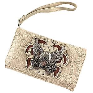 Justin West Tooled Winged Sugar Skull Roses Laser Cut Wristlet Trifold Wallet Attachable Long Strap (Silver)