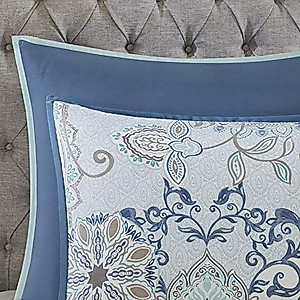 Madison Park Season Set, Matching Bed Skirt, Decorative-Pillows, Queen(90"x90"), Isla, Floral Medallion Blue 8 Piece
