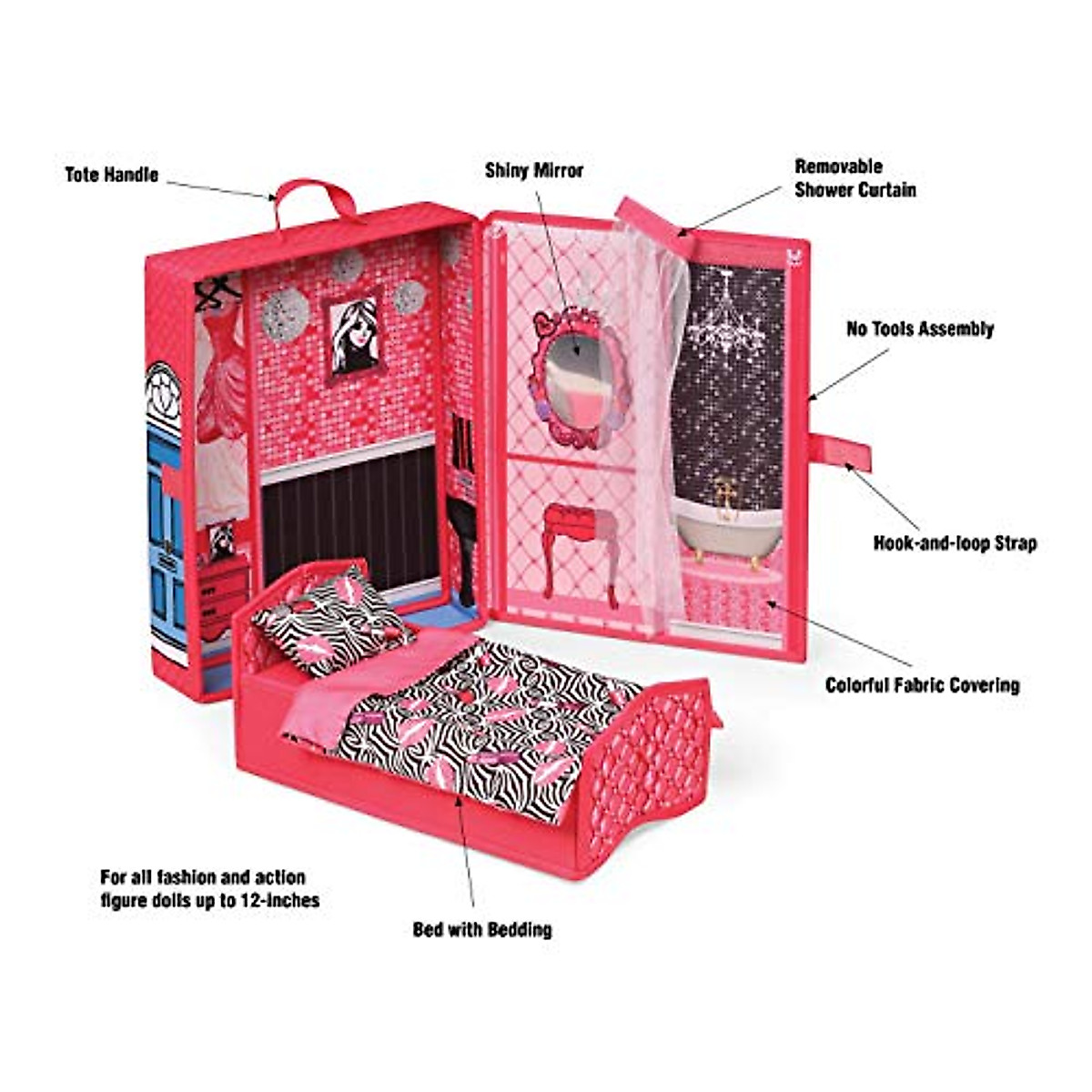 Badger Basket Home & Go Dollhouse Playset Travel & Storage Case with Pop-up Bed for 12 inch Fashion Dolls