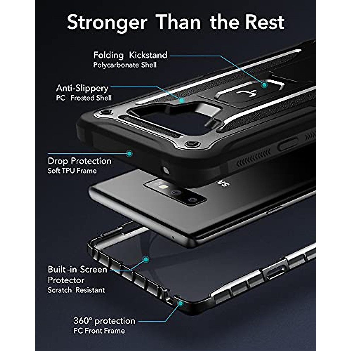 YOUMAKER Kickstand Case for Galaxy Note 9, Full Body with Built-in Screen Protector Heavy Duty Protection Shockproof Rugged Cover for Samsung Galaxy Note 9 6.4 Inch - Black