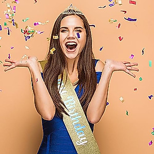 BAHABY Birthday Crown for Women It's My Birthday Sash & Rhinestone Tiara Set Birthday Sash and Tiara for Women Rhinestone Headband for Girl Glitter Crystal Hair Accessories for Party- Gold