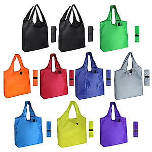 Aricsen 10 Pack Durable Colorful Folding Reusable Grocery Bags Handles Bulk Heavy Duty Strong, Recycle Shopping Foldable Kitchen Large Washable for Pocket Lightweight Nylon, Polyester Color Cloth