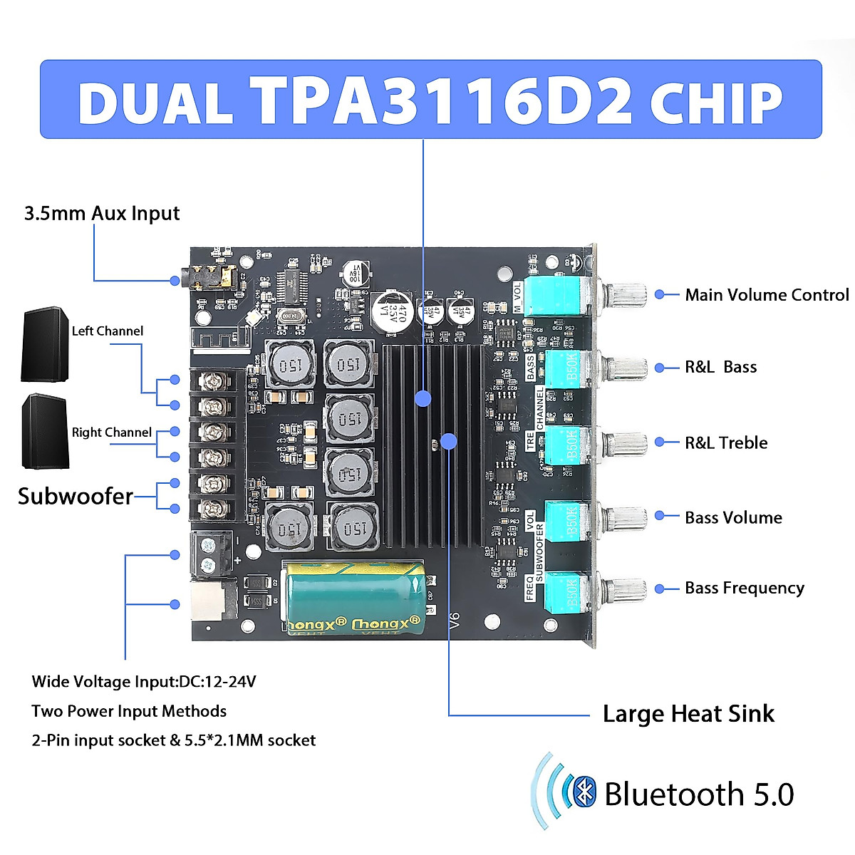 ZK-TB21 Bluetooth Amplifier Board 2.1 Channel,50W+50W+100W Power Output Class D AMP Module with Dual TPA3116D2 Chip (ZK-TB21)