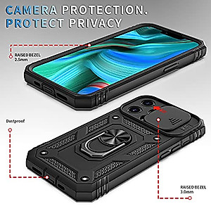 Pompvla for iPhone 13 Pro Max Case,with 2 Tempered Glass Screen Protectors,Built-in Magnetic Kickstand Ring Camera Cover,Military Grade Drop Protection Shockproof Heavy Duty Protective Man 6.7'' Black
