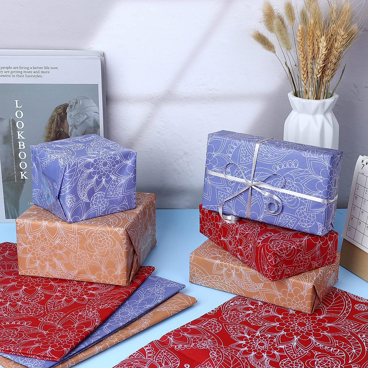 Kavoc 60 Sheets Paisley Blue Red Gift Tissue Paper,20" x 20" Brown Boho Wrapping Art Tissue Paper for Western Cowboy Theme Party Decoration (Brown)