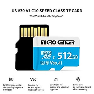 Micro Center Premium 512GB microSDXC Card, Nintendo-Switch Compatible Flash Memory Card, UHS-I C10 U3 V30 4K UHD Video A1 R/W Speed up to 95/80 MB/s Micro SD Card with Adapter (512GB)