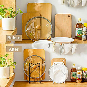 Kitchen Bakeware Pot Lid Rack Holder, 4 Slots Multifunctional Kitchen Organizer Metal Storage Shelf for Cookware, Chopping Cutting Board, Counter Cabinet, Plates, Dishes