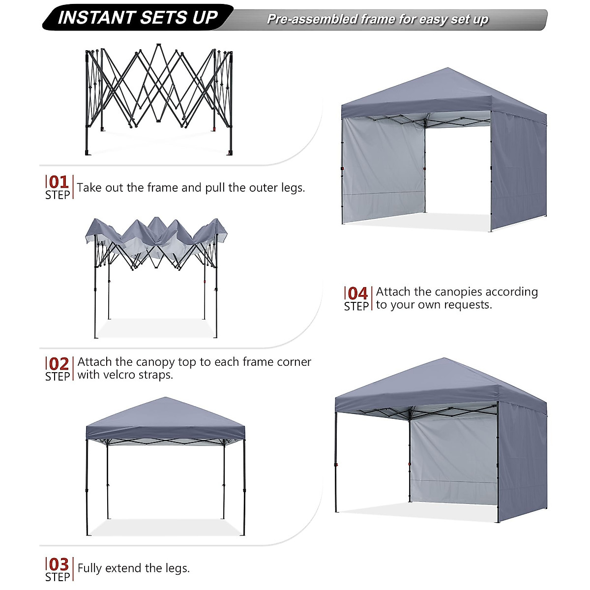 ABCCANOPY Easy Pop up Canopy Tent with 2 Sidewalls for Outdoor Sun Blocking or Rain Protection,10x10, Gray