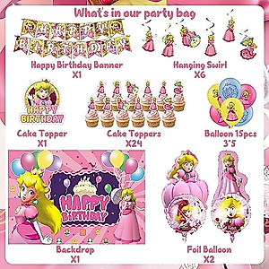 Mario Princess Peach Birthday Party Supplies for Girls, Princess Peach Party Decorations Include Banner, Princess Peach Balloon, Backdrop, Cupcake Toppers for Princess Peach Birthday Decorations