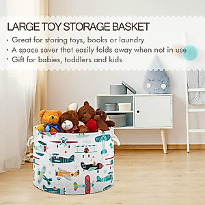 Airplanes Aircrafts Boys In Turquoise Red Orange Seamless Round Storage Basket Bin, Waterproof Laundry Hamper, Large Collapsible Bucket, Baby Nursery Organizer with Handles for Bathroom Toys Clothes