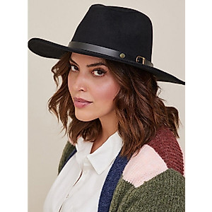 UTOWO Classic Black-Felt-Fedora-Hats-for-Women, Wide-Brim-Wool-Rancher-Panama Jazz Hat with Belt-Buckle