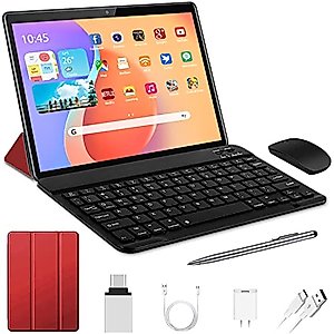 DUODUOGO Tablet with Keyboard, 2 in 1 Tablet 10 inch Android 11 Tablet, Quad-Core Processor, 64GB+4GB, 128GB Expandable, 2.4+5G WiFi, Dual Camera, 6000mAh, Bluetooth, FM (Red)