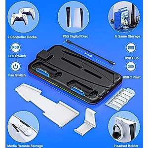 PS5 Stand with 4 Level Cooling Fan and RGB LED, Dual Fast PS5 Controller Charging Station for PS5 Digital/Disc, Accessories Incl. 6 Game Storage, Headset Holder, Dust Baffle