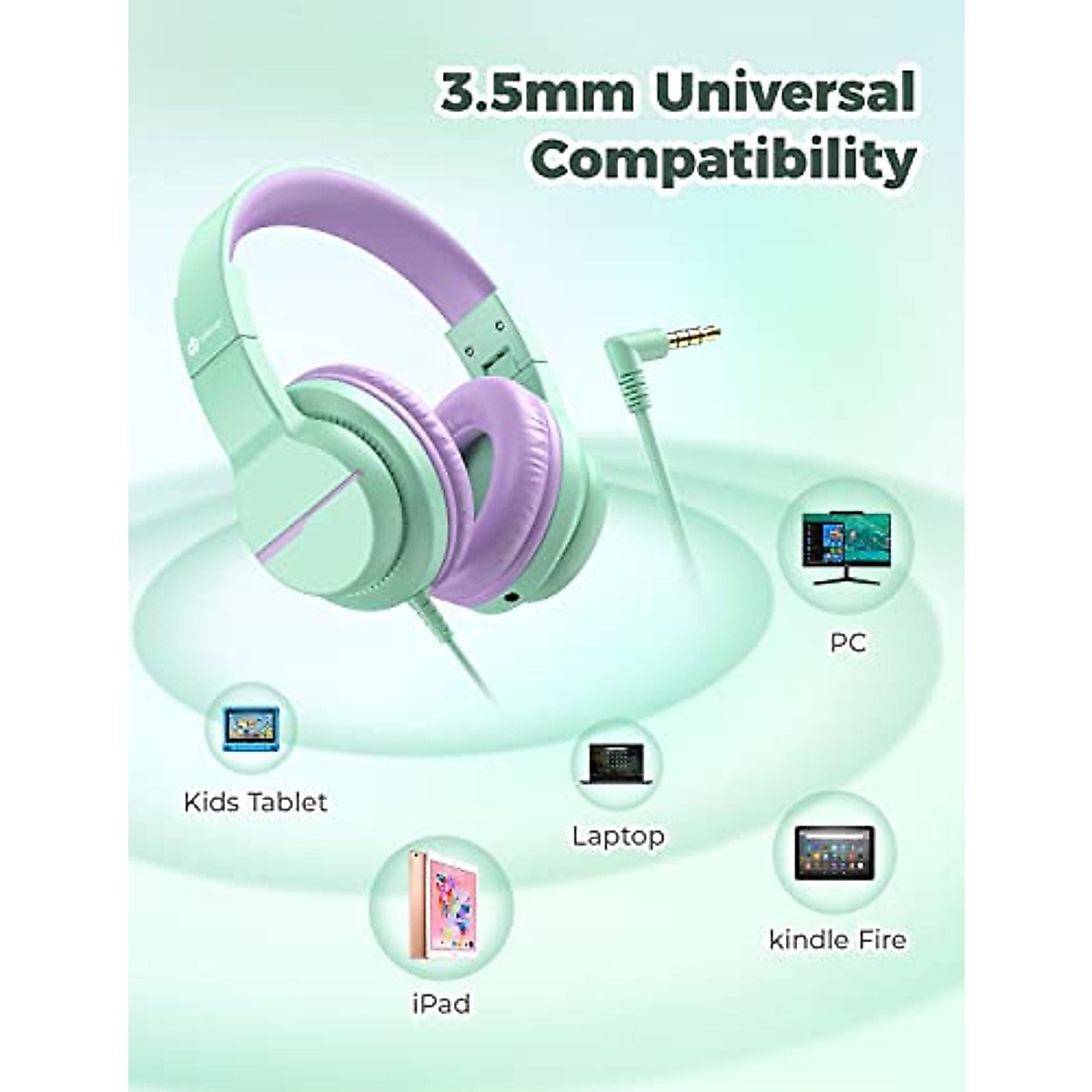 iClever HS19 Kids Headphones with Microphone for School, Volume Limiter 85/94dB, Over-Ear Girls Boys Headphones for Kids with Shareport, Foldable Wired Headphones for iPad/Fire Tablet/Travel, Green