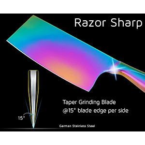 WELLSTAR Rainbow Meat Cleaver, 7 inch Iridescent Chinese Meat Vegetable Butcher Knife, Super Sharp German High Carbon Stainless Steel Chef’s Kitchen Knife with Ergonomic Handle for Home Restaurant