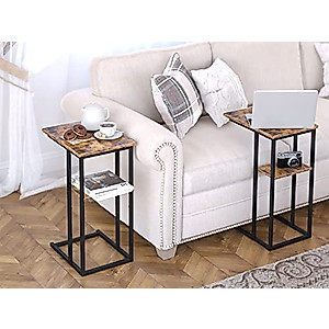 Yusong C Shaped End Table, Small Side Tables Slide Under Sofa Couch Bed, Small TV Tray Bedside Table for Small Spaces, Living Room, Bedroom, Brown