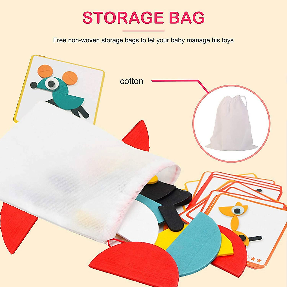 BLATOMY Wooden Pattern Blocks, Jigsaw Puzzle Montessori Toys Geometric Shapes Blocks, Tangram Montessori Toys for Kids, 29 Shape Puzzles and 20 Pattern, Early Learning Toys for 3+ Years Old