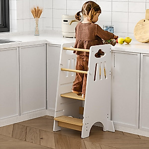 XJD Toddler Standing Tower Adjustable Height Thickened Toddler Wooden Kitchen Stool Helper - Ideal Kids Kitchen Step Stool for Learning New Skills Safety Feet (Nature)