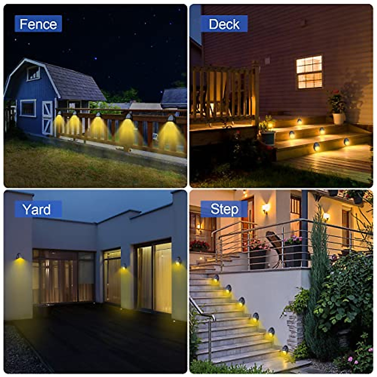 XINREE Solar Deck Lights Outdoor, LED Solar Fence Lights Waterproof Lamp for Wall Backyard Porch, Patio, Pool,Step Stairs, Yard, Garden, Pathway (4 Pack, 10 LED Warm Yellow)