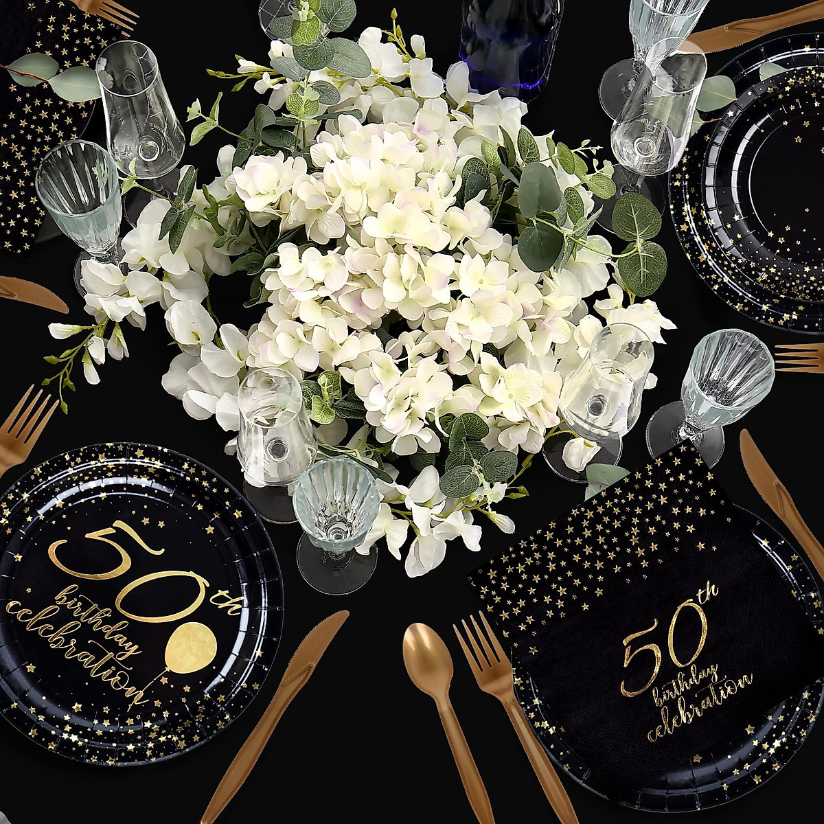 Gatherfun 50th Birthday Party Supplies Disposable Paper Plates Napkins Cups Knives Spoons Forks Tablecloth Banner Number 50 Balloons for Men Woman Black and Gold 50 Birthday Party Decorations Serve 25
