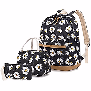 Flowers Backpack Kids School Bag 3-in-1 Bookbag Set, Junlion Laptop Backpack Lunch Bag Pencil Case Gift for Teen Girls Womens Daisy Black