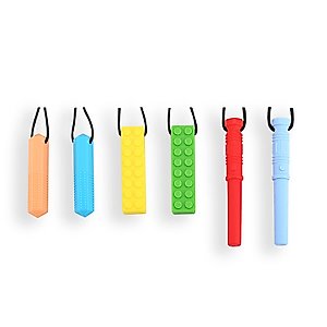 6 Pack Chew Sensory Necklace Perfect for Kids or Adults That Like Biting or Have Autism, Perfectly Textured Silicone Chewy Toys -Chewing Pendant for Boys & Girls