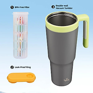 Konokyo Insulated Tumbler with Handle and Straw,40 OZ Vacuum Stainless Steel Water Bottle Travel Mug Metal Cup with Fruit Diffuser,Grey