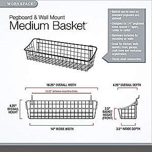 Spectrum Diversified Medium Pegboard & Wall, Wire Slatwall & Pegboard Mount Basket, 16.25"L x 4.5"W, Industrial Gray