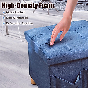Wamnexti Denim Storage Ottoman Cube with Side Pouch, Foldable Tufted Denim Foot Rest Stool/Seat with Legs, Coffee Table Multipurpose Sofa for Living Room, Bedroom (Navy, 15'')