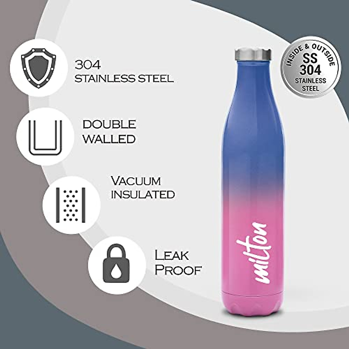 Milton Thermosteel Prudent 1100, Double Walled Vacuum Insulated Flask 1023 ml | 37 oz | 1 Ltr |24 Hours Hot and Cold Water Bottle, 304 Stainless Steel, BPA Free, Food Grade, Leak-Proof | Pink-Blue