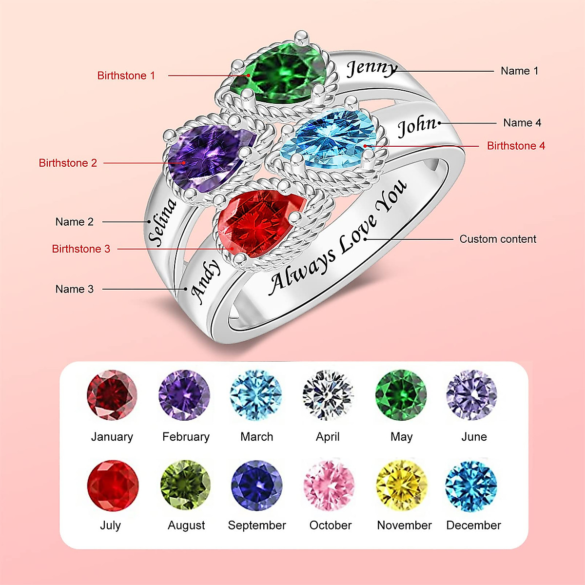 MissNaNa Personalized Mothers Ring with 2-5 Pear Birthstones Sterling Silver Family Rings with Birthstones Ring for Mom Custom Rings