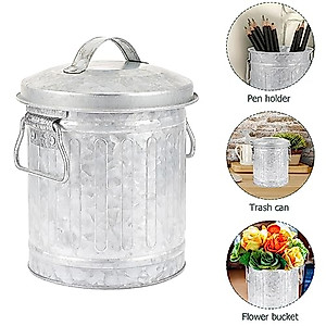 BESPORTBLE Galvanized Trash Can Mini Desktop Wastebasket with Lid and Handle Metal Table Flowerpot Countertop Trash Can Garbage Bin Rubbish Bucket Pencil Holder Pen Cup Makeup Brush Holder A
