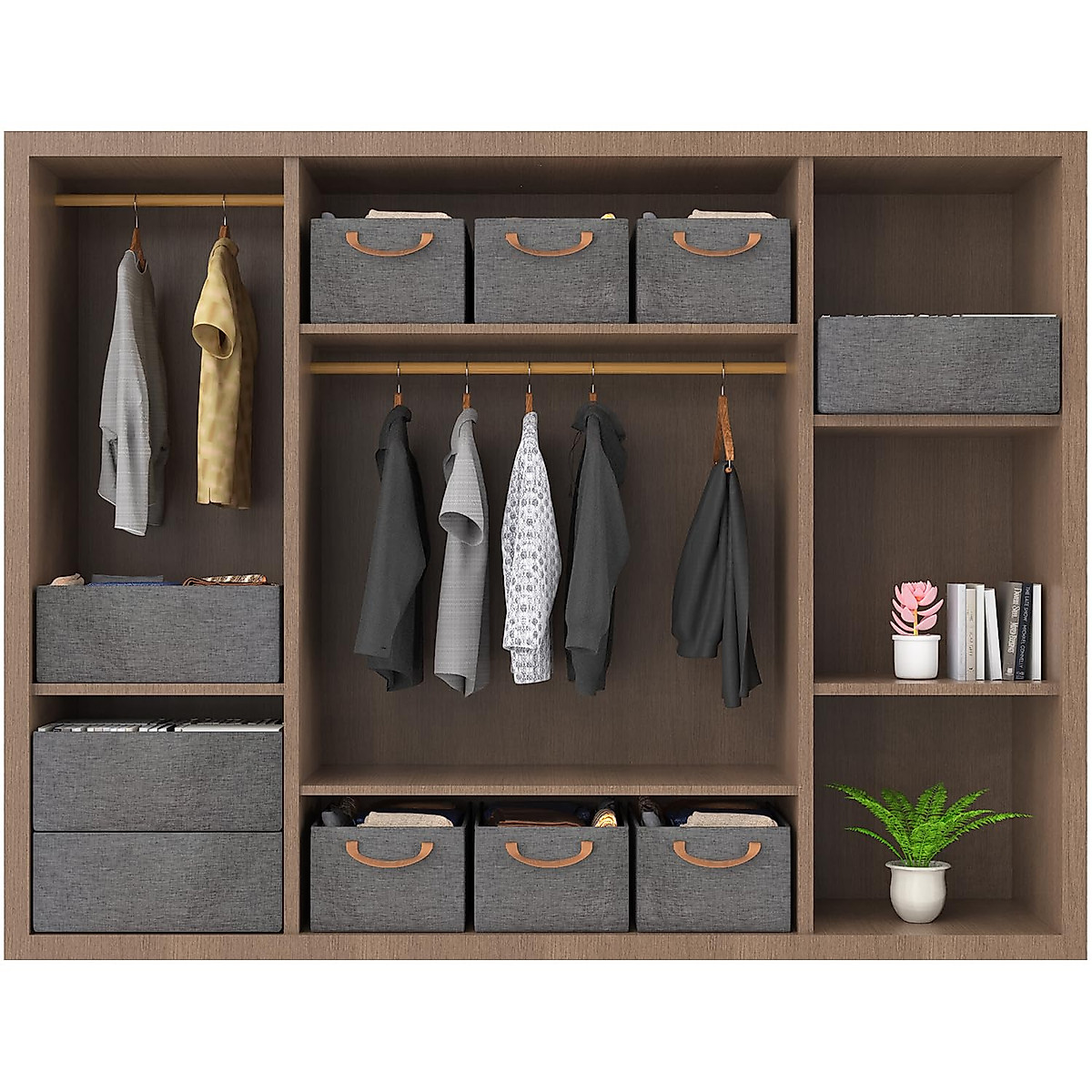 organizer box metal frame storage bins, rectangle storage baskets for closet.collapsible fabric storage baskets with handles.Stackable wardrobe storage boxes for clothes toys,grey-3 Pcs