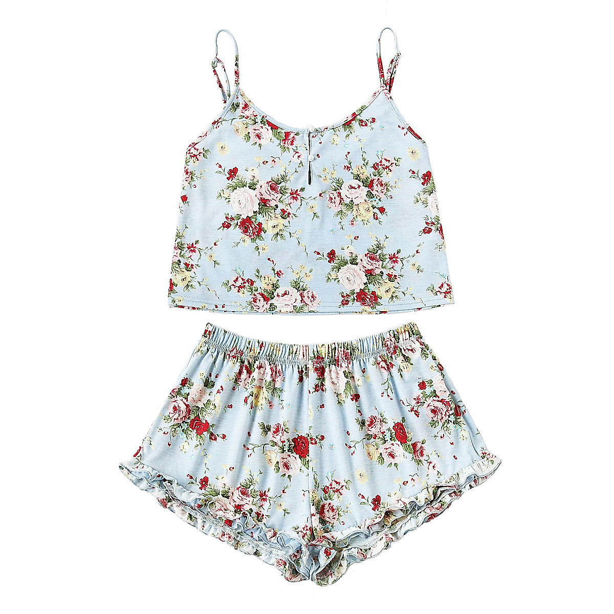 SheIn Women's Pajamas Sets Button Front Tank and Shorts Lounge Set Sleepwear Blue X-Large