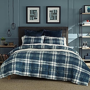 Nautica Home Ultra Soft & Cozy Microsuede Reversible Plaid Quilted Comforter Matching Shams, 3-Piece Bedding Set, Queen, Navy/Blue/White