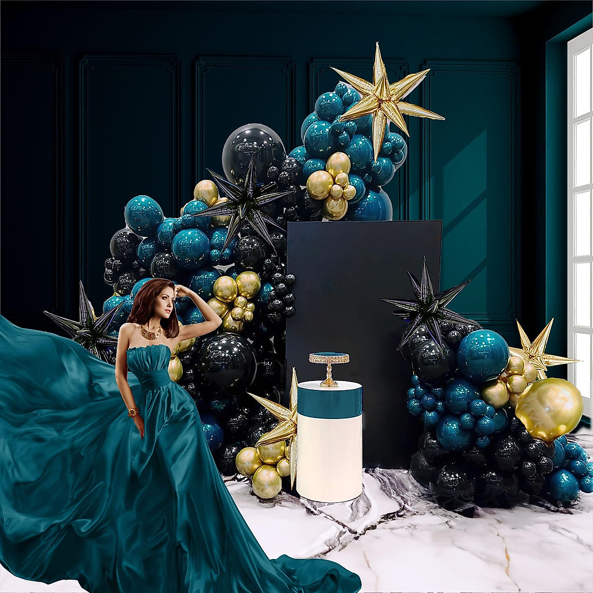 Chrome dark Teal and gold black Balloon Garland Kit 170Pcs Double-Stuffed Navy Teal Blue With Starburst Balloons for Birthday anniversary Baby Shower 2024 graduation prom Luxury shop decorations