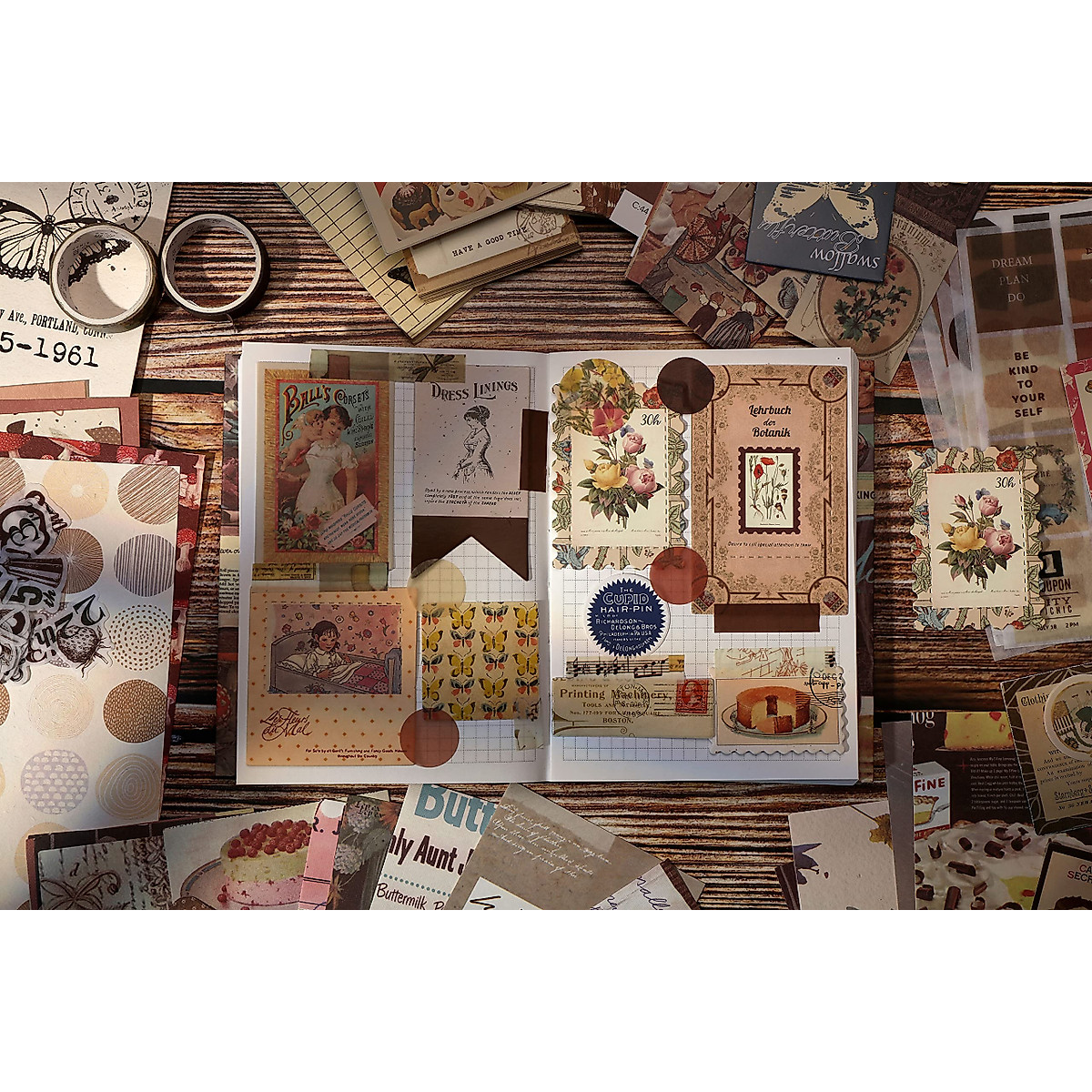 Yoption 346pcs Vintage Scrapbooking Supplies Kit, Aesthetic Scrapbook Kit for Bullet Journal Supplies with Scrapbooking Stickers, Stationery, A6 Grid Notebook, DIY Craft Gift for Teen Women