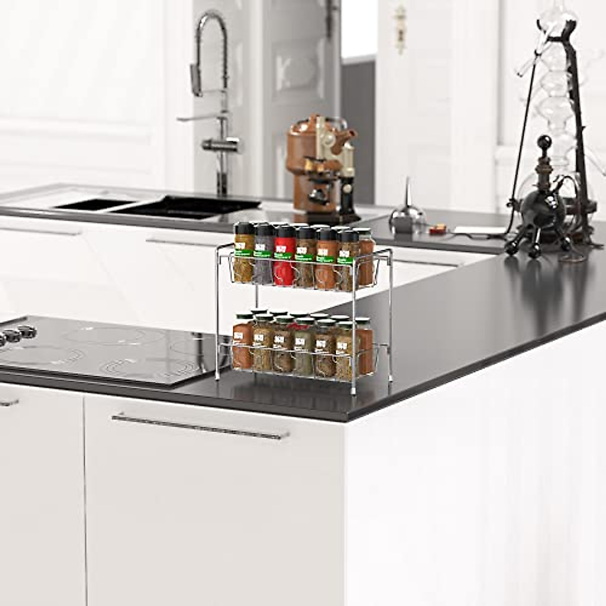 SimpleHouseware 2-Tier Spice Rack Kitchen Organizer Countertop Shelf, Chrome