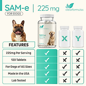 ClearFormulas Sam-e for Dogs, S-Adenosyl-L-Methionine, 225mg 120 Chewable Tablets, Natural Hepatic Liver Health Support