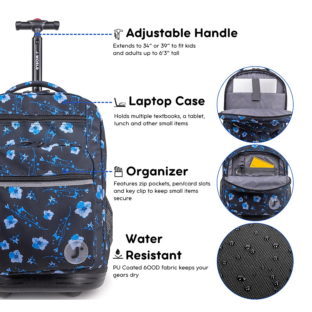 J World New York Sundance Rolling Backpack Girl Boy Roller Bookbag, Night Bloom, 20 X 13 X 9 (H X W X D)