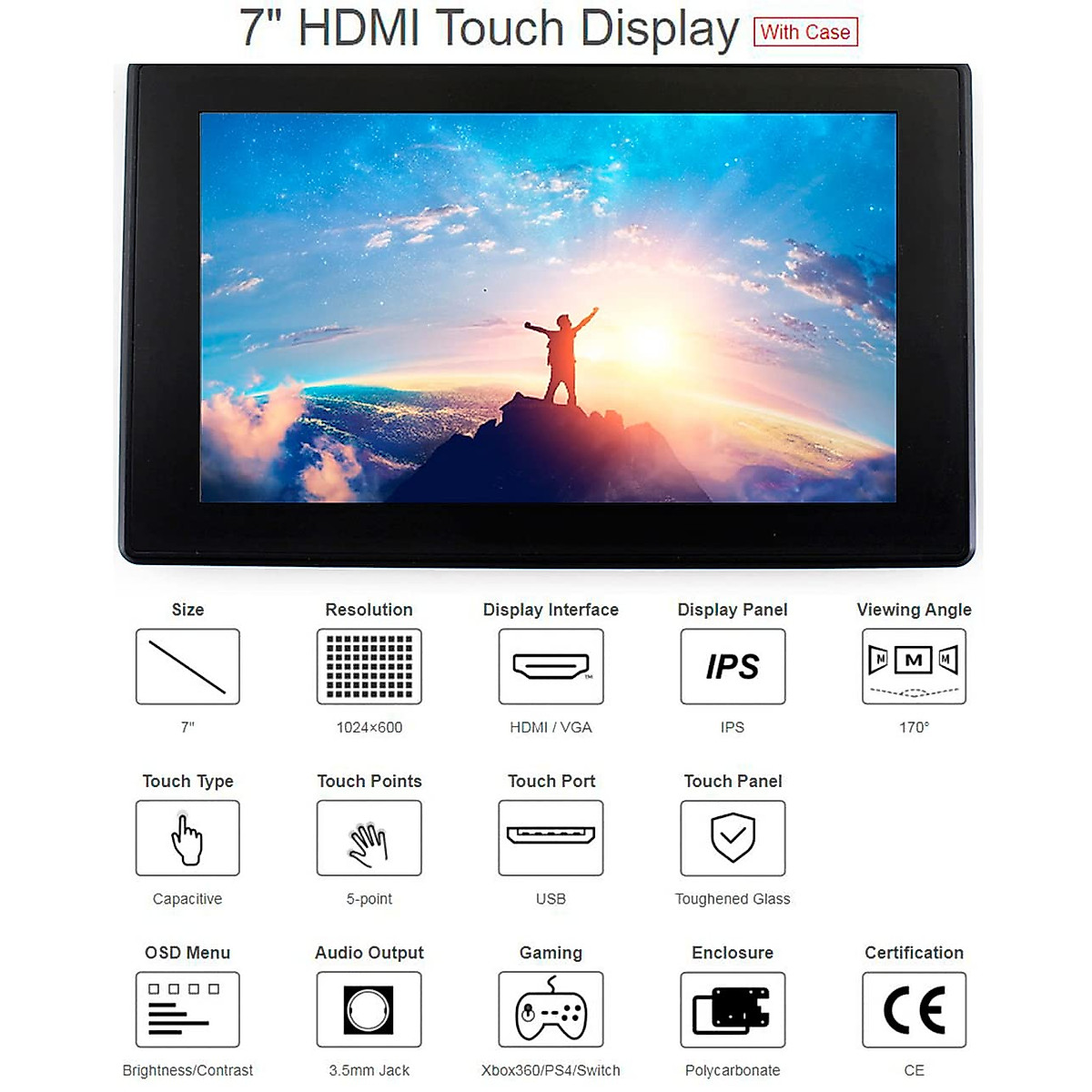 7inch HDMI LCD (H) (with case) Capacitive Touch Screen 1024x600 IPS Display Monitor with Toughened Glass Cover Support All Raspberry Pi 4B/3B+/3B/2B/Zero/Jetson Nano/Banana Pi/Windows 10/8/7