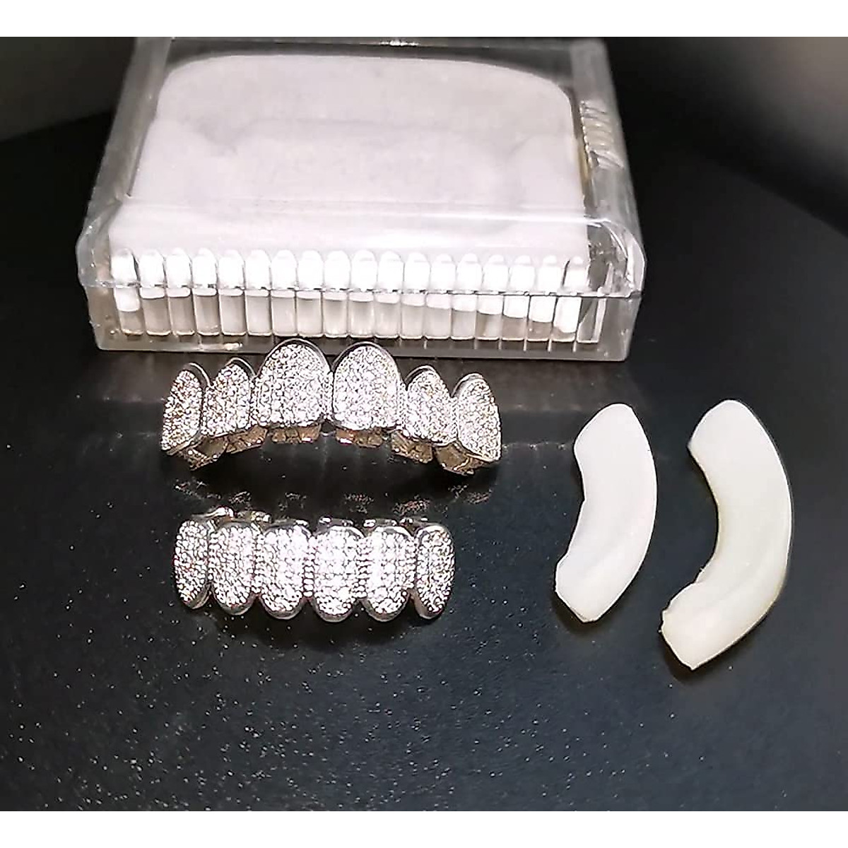 HH BLING EMPIRE Iced Out Diamond Teeth Grillz for Men Women, Hip Hop Silver Gold Grills for Your Teeth Top and Bottom, Rapper Costume Mouth Grillz with Silicone Molding Bars (Silver)
