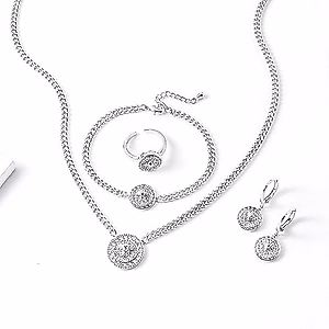 GXGLMP CZ Jewelry Set for Women Gold Plated Round Pendant Cuban Link Chain Necklace Bracelet Hoop Earring Open Ring Set(sliver)