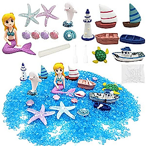 21 Pieces Fairy Garden Accessories, Blue Sand and Miniature Mermaid Dolphin Boat Steamship Figurines Decorations, Micro Beach Ocean Seaside Scene DIY Decor Kit