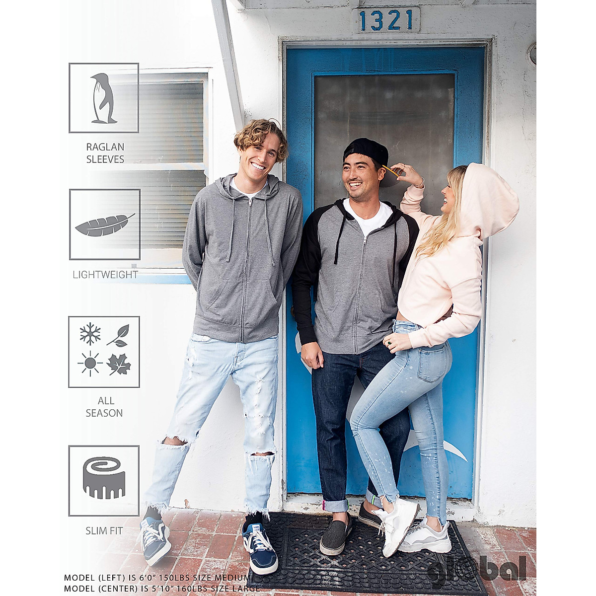 Global Blank Long Sleeve T-Shirt Sweatshirts for Men, Lightweight Zip-Up Hoodie, Gunmetal Heather, XS