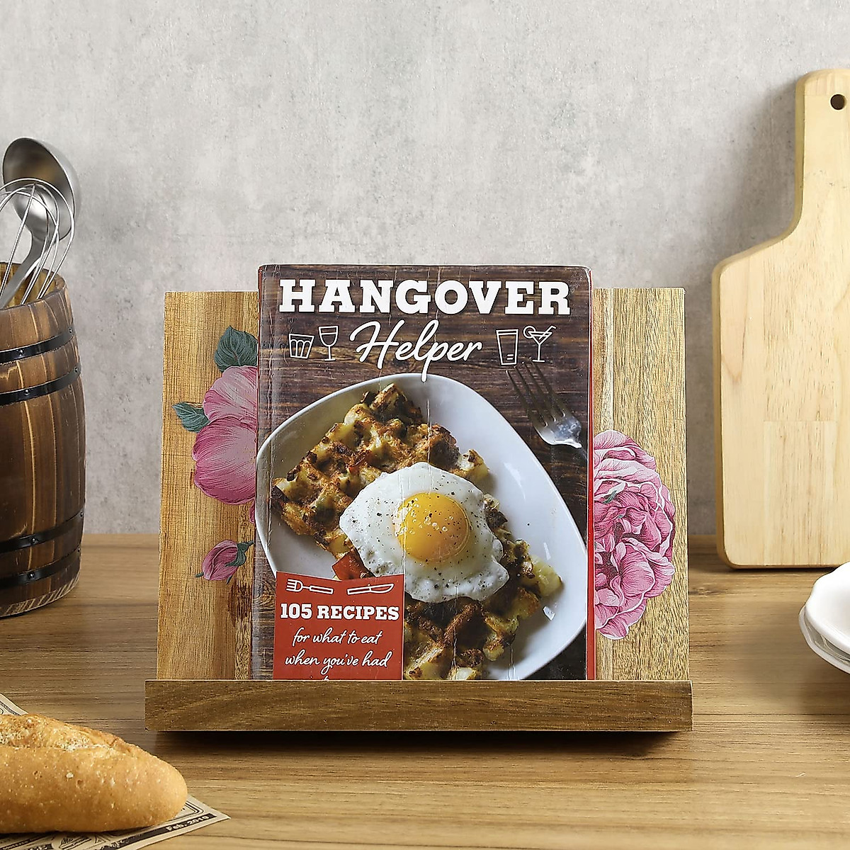 MyGift Premium Acacia Wood Cookbook Holder Stand with Hand Painted Floral Design, Kitchen Countertop Recipe Book Stand, Reading Textbook and Tablet Holder with Foldable Kickstand