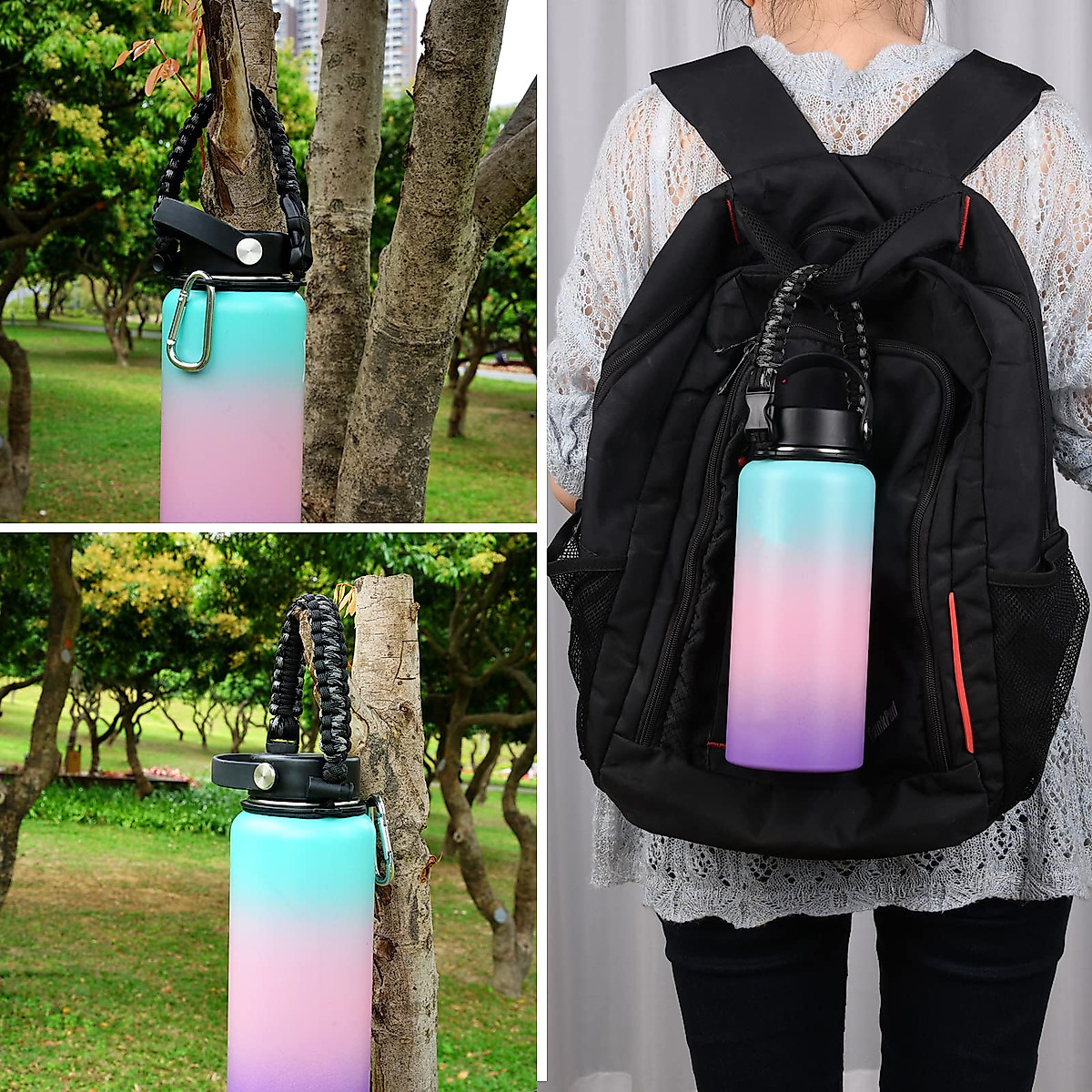 iLVANYA Paracord Handle with Shoulder Strap Compatible with Hydro Flask Wide Mouth Bottles, Paracord Strap Carrier for 12oz to 64oz Bottle, Bottle Accessories with Safety Ring Carabiner (Weave Grey)