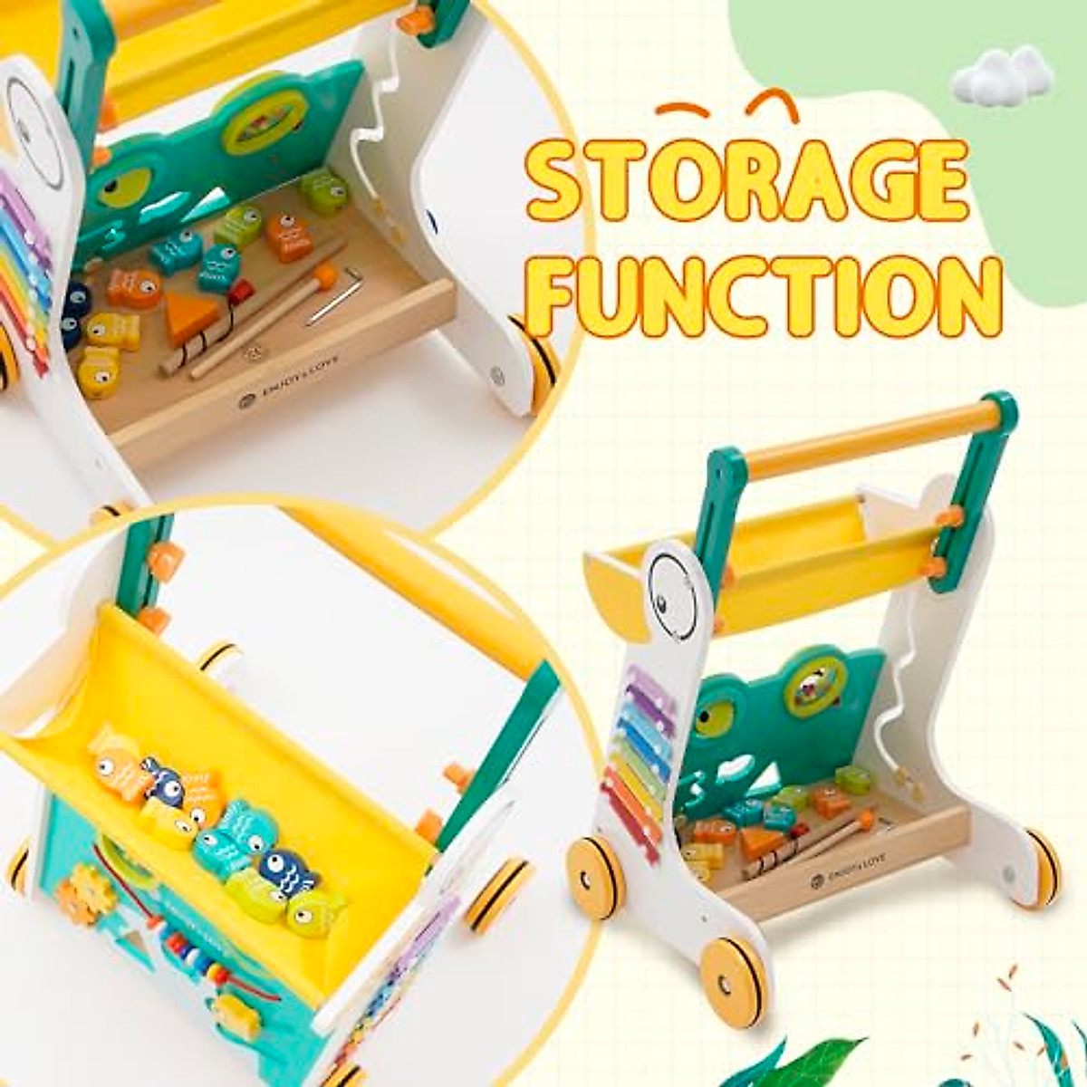 Wooden Baby Push Walker Wooden Push Toy Sit-to-Stand Learning Walkers for Baby Toddlers Baby Walker Activity Center Toys Fishing Game for 1+ Year Girls Boys Multi-Activity Learning Walker